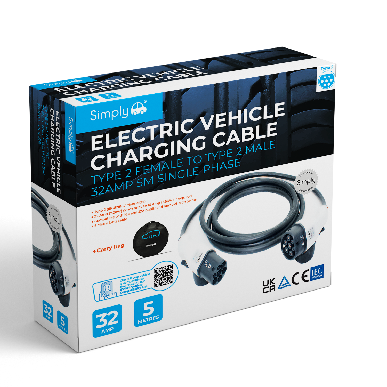 Electric Vehicle Charging Cable – 5M Single Phase Type 2 to Type 2 ...