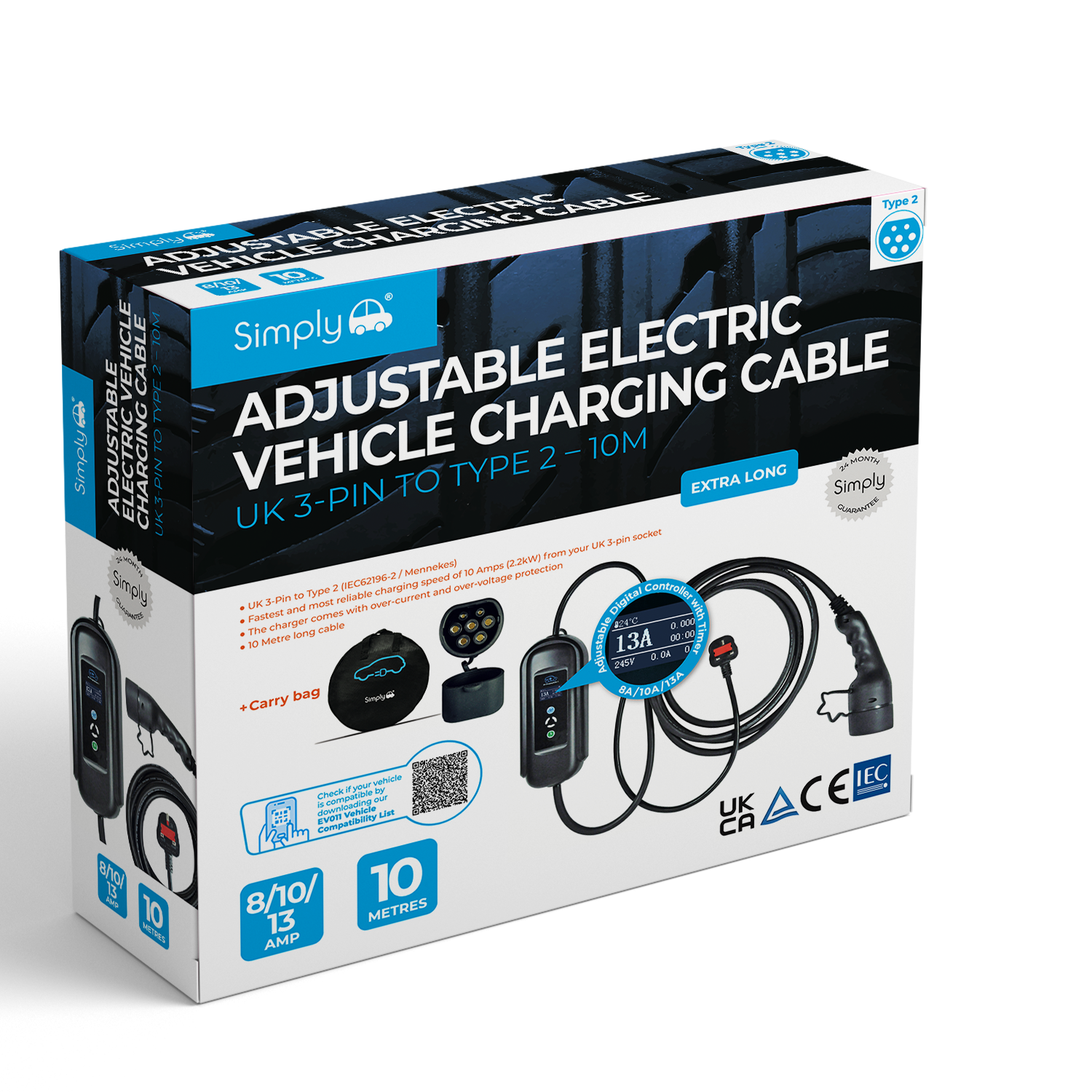 Adjustable Vehicle Charging Cable – 10M UK 3Pin to Type 2 | Simply ...
