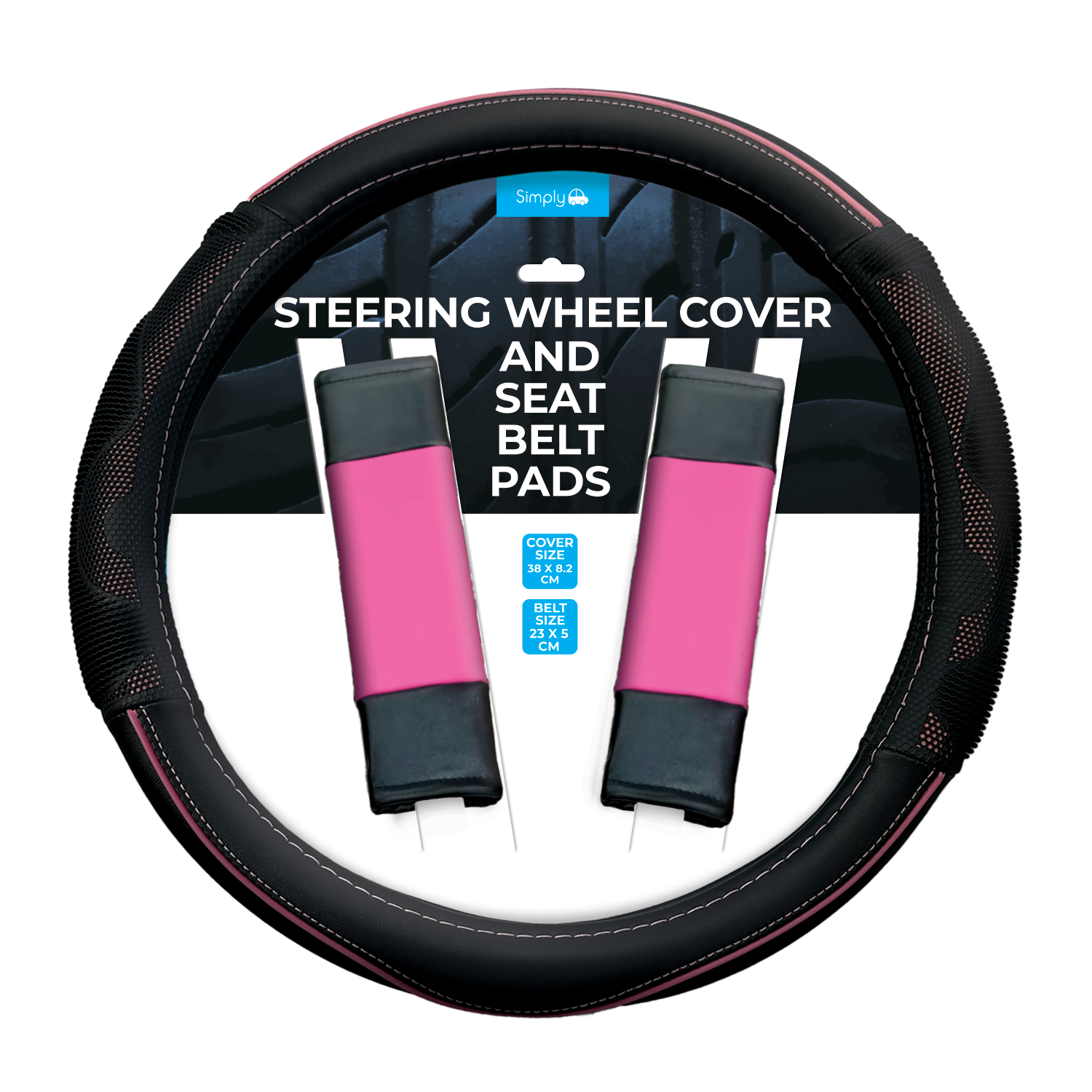 Padded Black And Pink Steering Wheel Cover With Seat Belt Pads | Simply ...