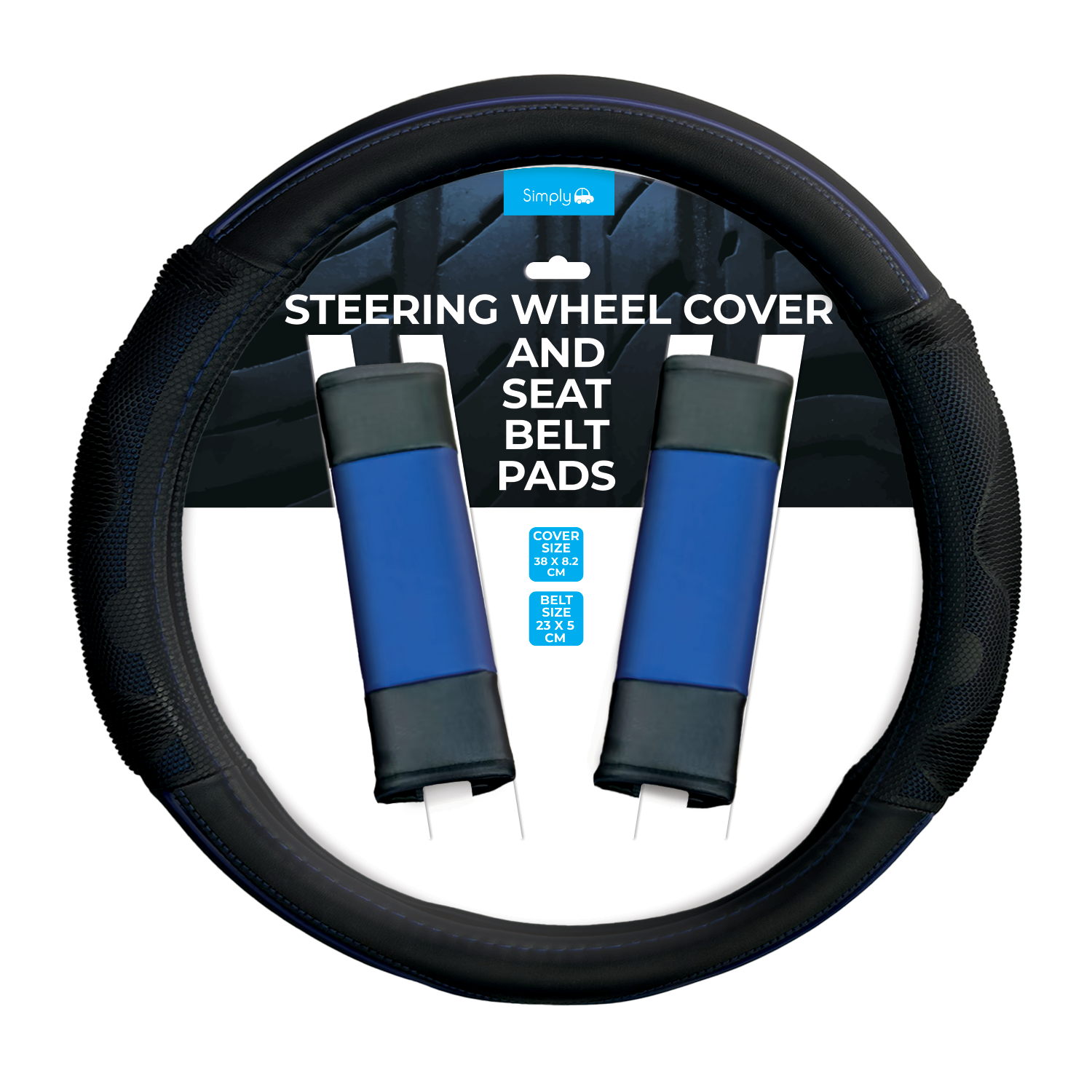 Padded Black And Blue Steering Wheel Cover With Seat Belt Pads | Simply ...