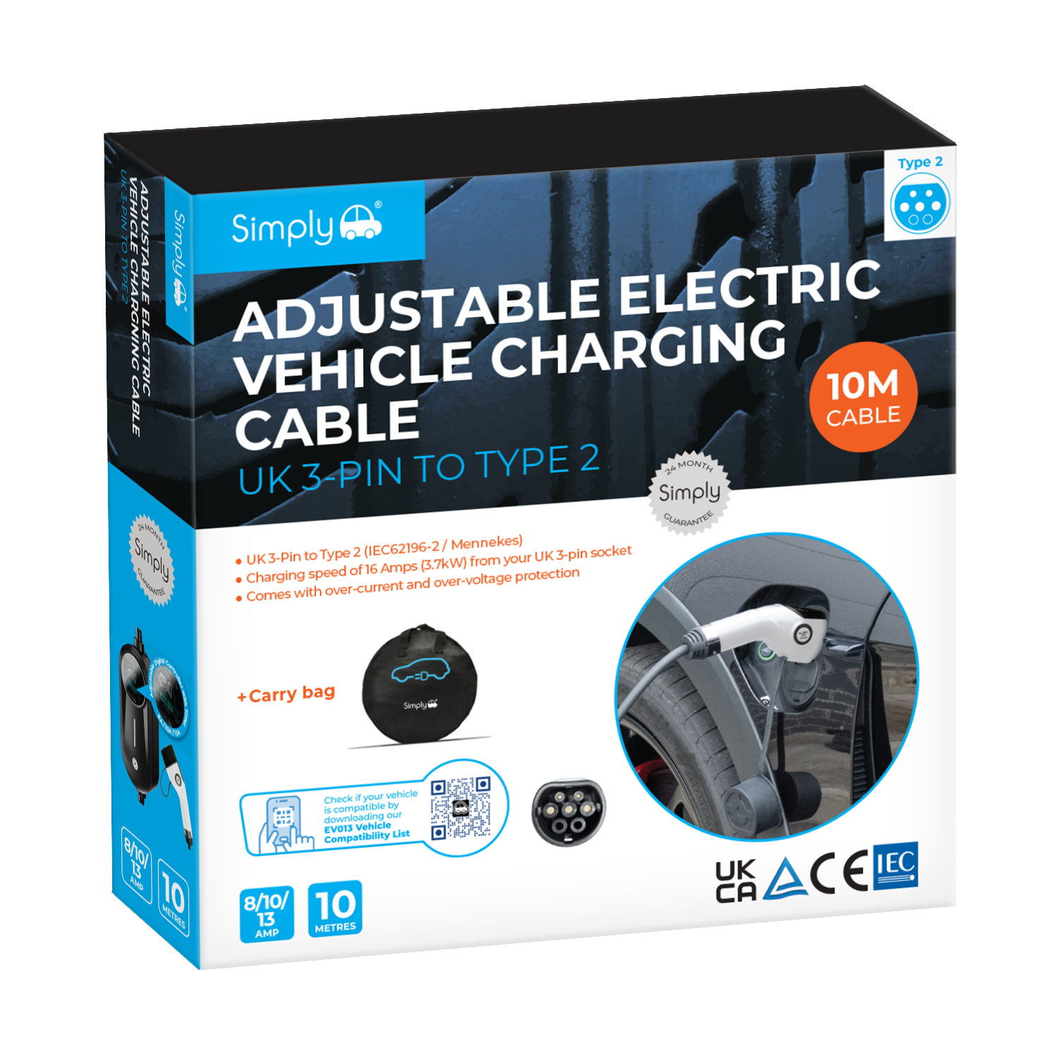 Adjustable Vehicle Charging Cable – 10M UK 3-Pin to Type 2 | Simply ...
