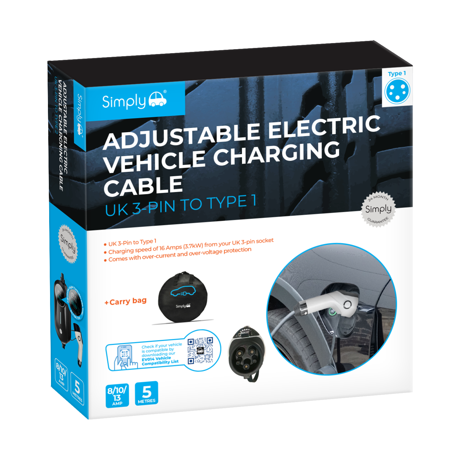 Adjustable Vehicle Charging Cable – 5M UK 3-Pin to Type 1 | Simply ...