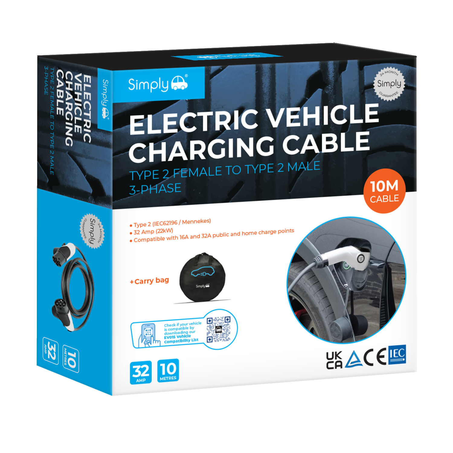 Electric Vehicle Charging Cable – 10M 3-Phase Type 2 to Type 2 | Simply ...